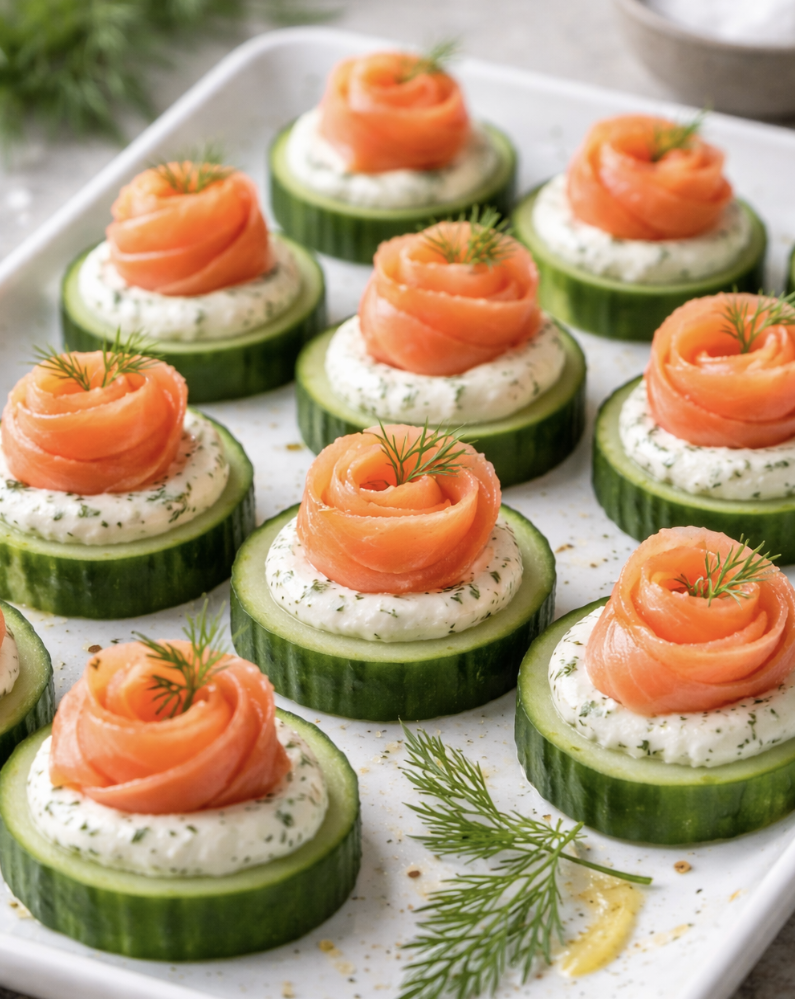 Smoked Salmon Rosettes on Cucumber Rounds with Dill Crème Fraîche ...