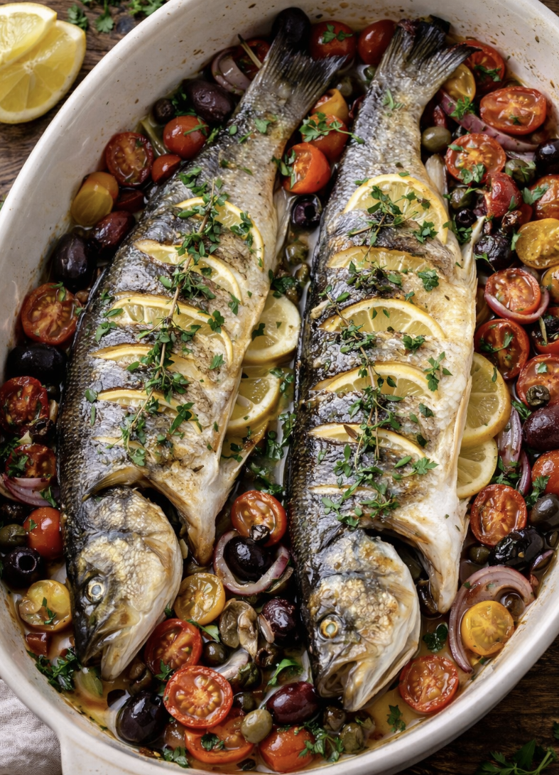 Mediterranean Baked Sea Bass with Olives and Tomatoes - GreatEasyRecipe